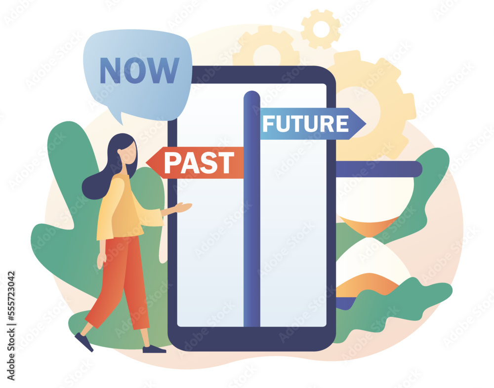 Past and future concept. Move forward metaphor. Tiny woman choice ...