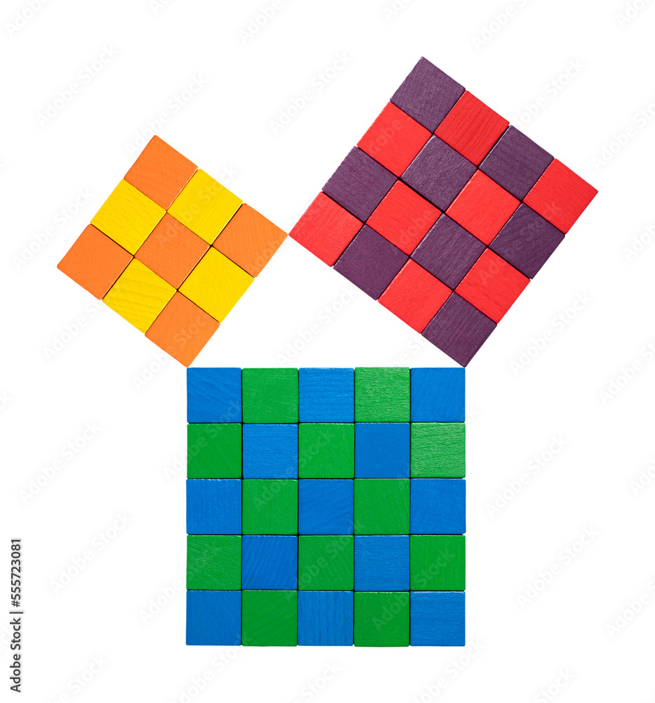 Pythagorean theorem, shown with subdivided colorful wooden cubes ... Pythagorean theorem, shown with subdivided colorful wooden cubes ...