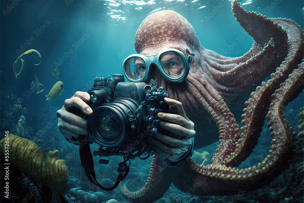 photographer morphing to octopus with camera underwater illustration ...