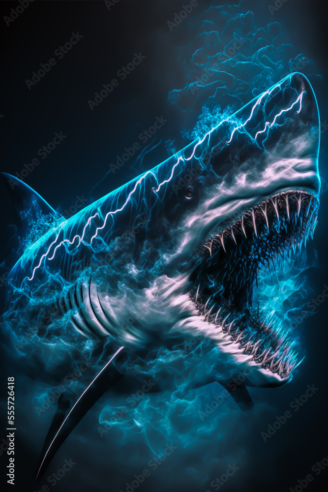 Electric Great white shark swimming through energy storm, showing off ...