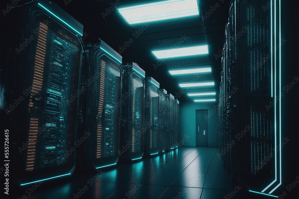 a dark room with rows of servers in it and a door open to the room with lights on the ceiling ...