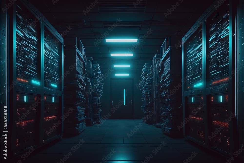 a dark room with rows of servers in it and a neon light coming from the ...