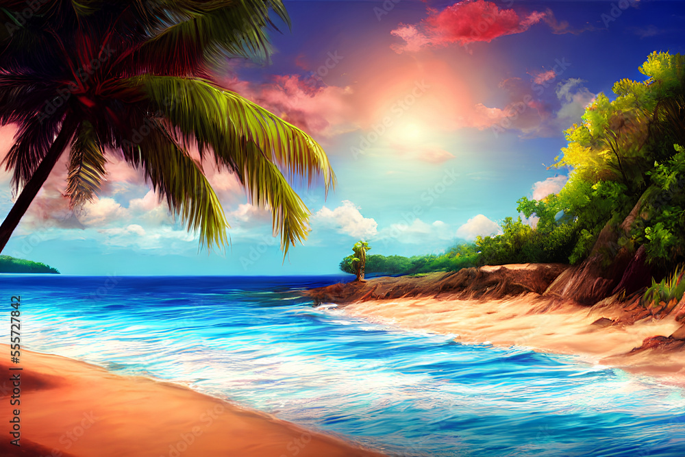 Beach sunset cartoon background image made with AI technology Stock ...