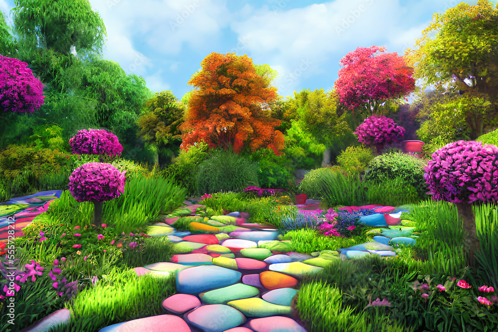Garden with flowers cartoon background image made with AI technology ...