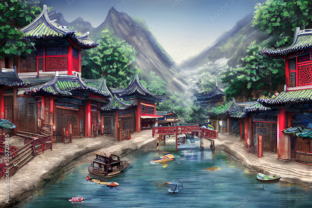 Chinese temple in the morning cartoon background image made with AI ...
