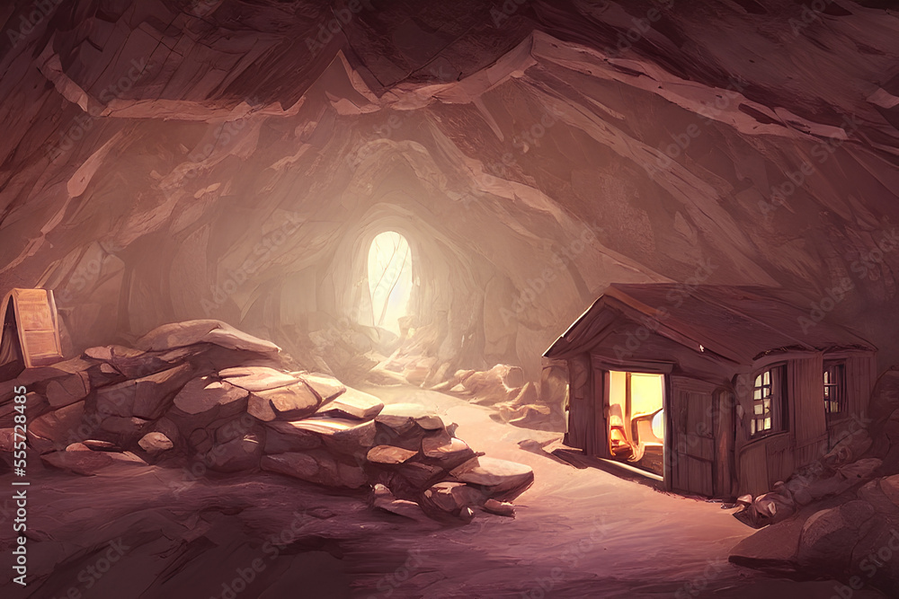 Old house in the cave cartoon background image made with AI technology ...