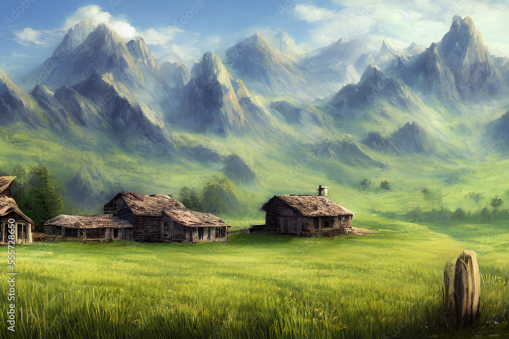 Old farm house cartoon background image made with AI technology Stock ...