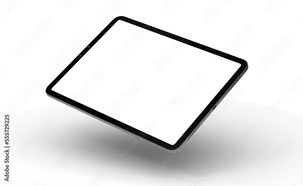 Blank screen realistic tablet frame, rotated position, side view, top ...