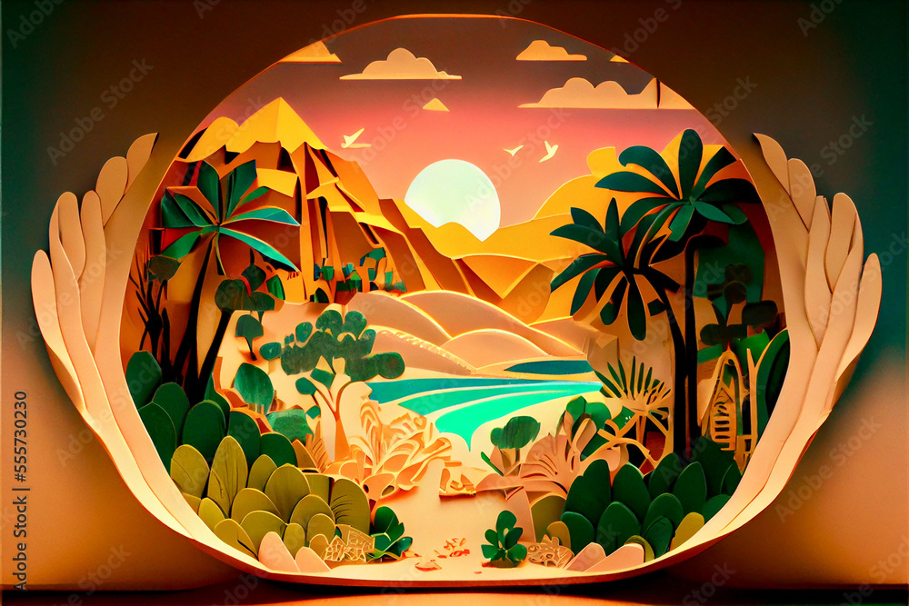 Photo & Art Print Generative AI render of Hawaii themed paper art ...