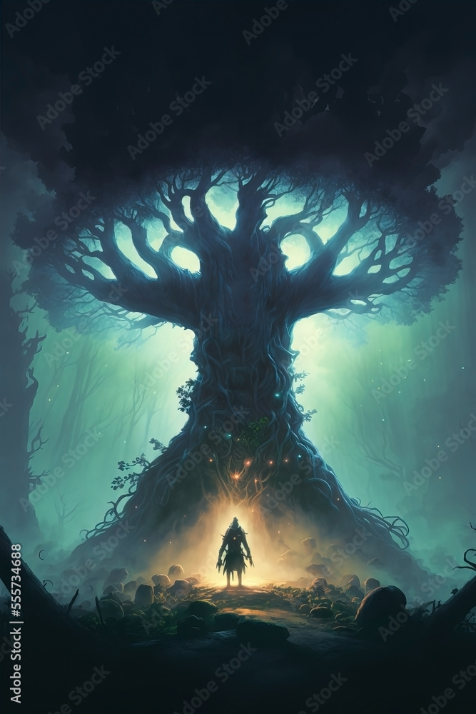 Glowing tree of life. Yggdrasil tree, Giant tree. Adam and eve. Garden ...