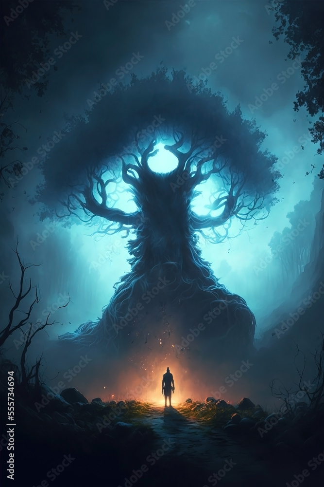 Glowing tree of life. Yggdrasil tree, Giant tree. Adam and eve. Garden ...