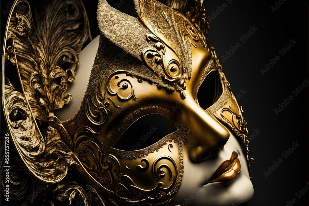 a gold and white mask with a black background and a black background ...