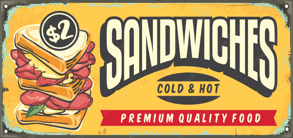 Delicious sandwiches retro yellow sign design layout with creative ...