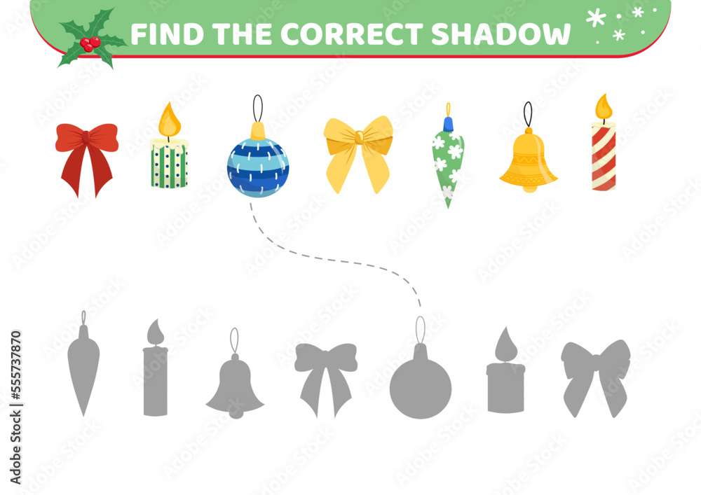 Christmas ornaments. Find the correct shadow. Shadow matching game ...