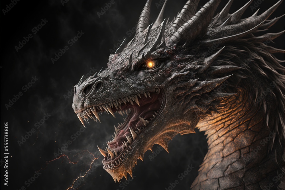 a dragon with its mouth open and glowing eyes in the dark sky with a ...