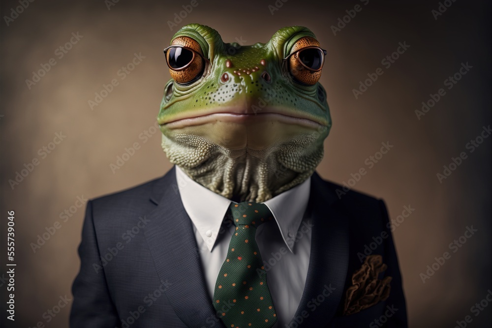 a frog wearing a suit and tie with a suit jacket and tie on it's lapel ...