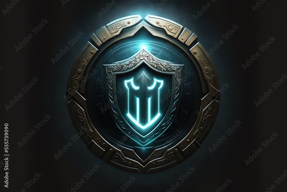 a shield with a glowing light on it in a dark background with a glowing ...