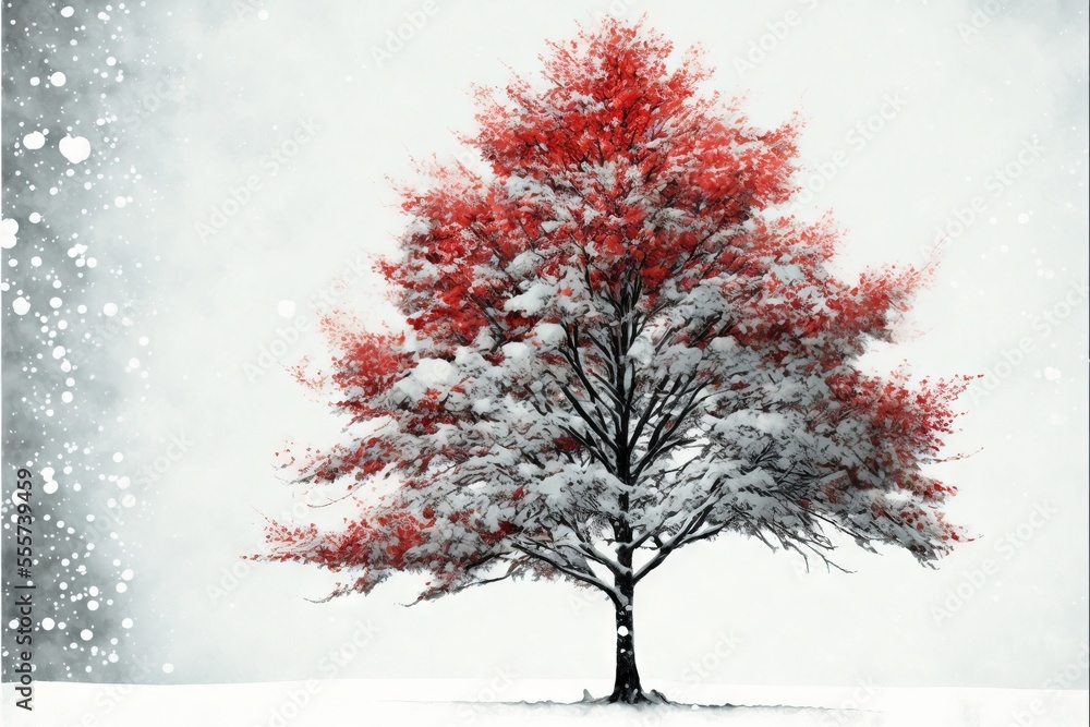 a red tree in a snowy landscape with snow falling on it and a gray sky ...