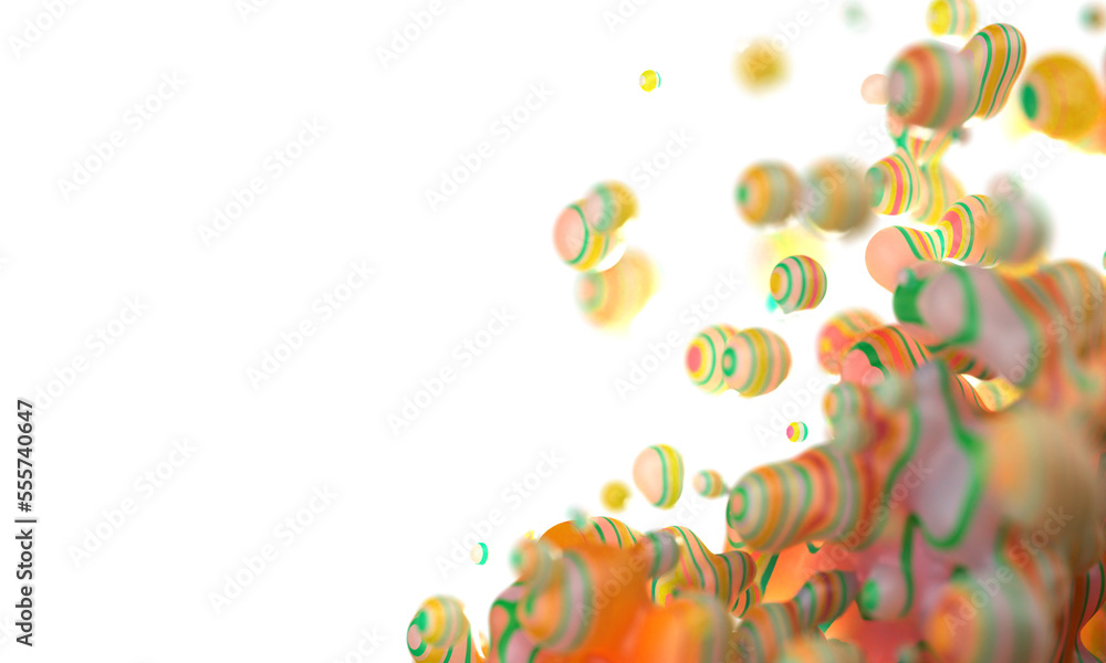 Digital background of flying, flowing spheres, metaballs. Rainbow ...
