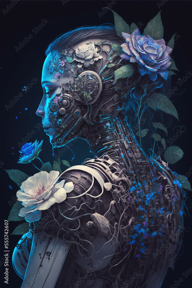 portrait of android with half its skin torn off revealing the lush blue ...
