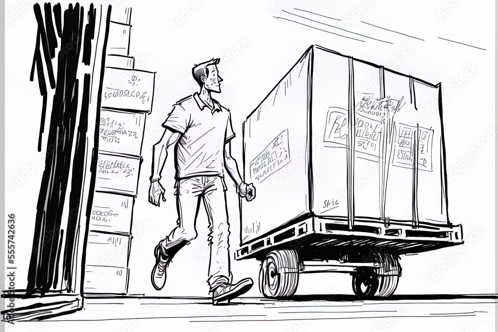 a single one line sketch of a guy pulling a hand pallet for a ...