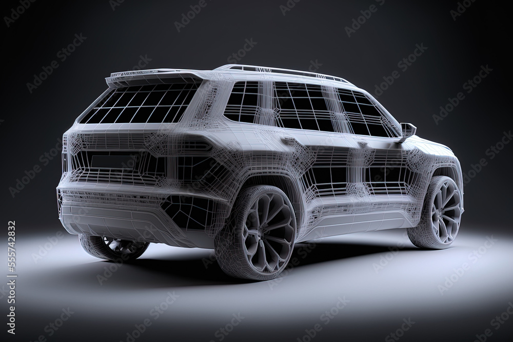 With a future metropolis in the backdrop and a wireframe automobile ...