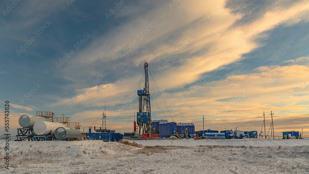 Drilling wells at an oil and gas field in the Far North. Industrial ...