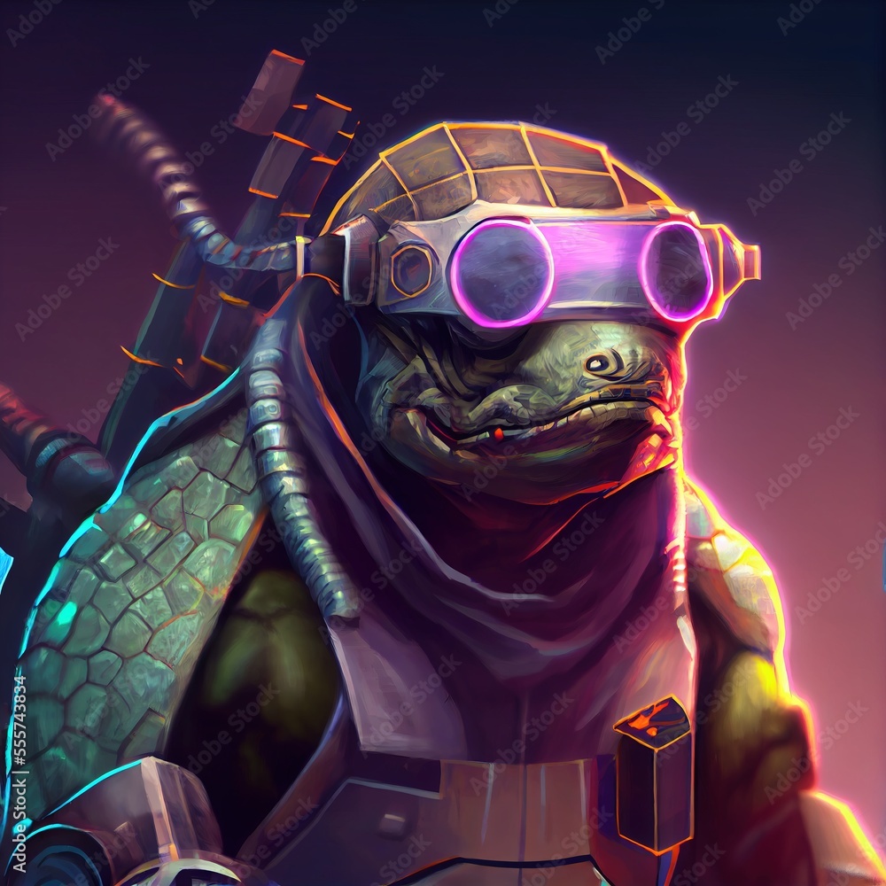 Portrait of a sci-fi cyberpunk animal warrior. High-tech futuristic animal from the future. The ...