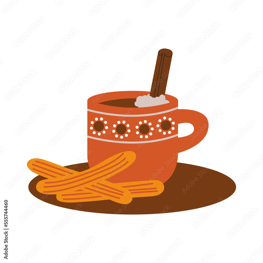 Mexican hot chocolate caliente and churros. Latin American traditional ...