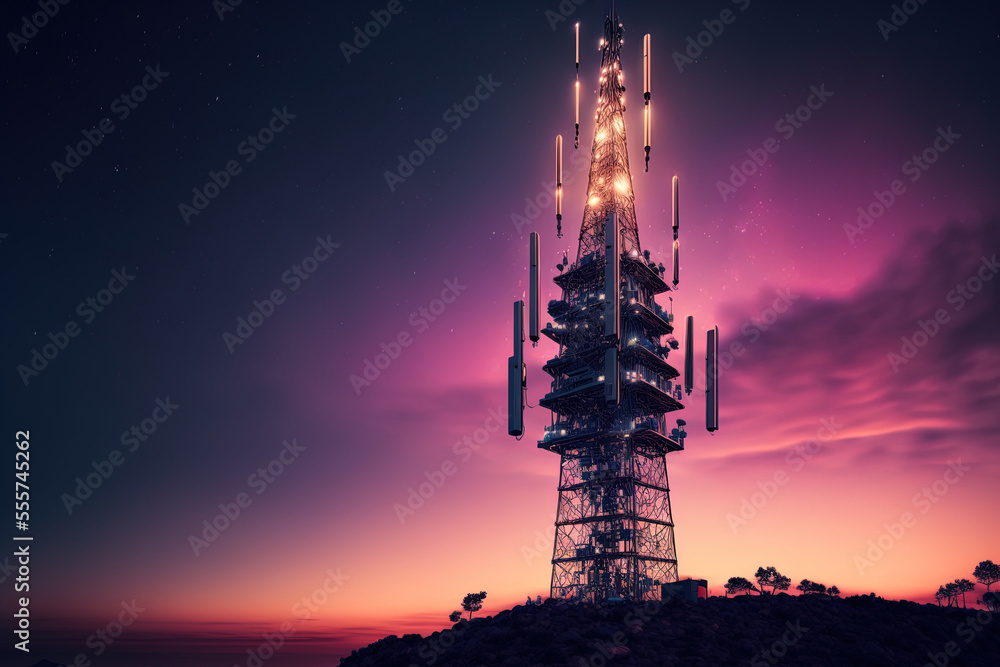 5G technology communication tower at dusk. Telecom base station or ...