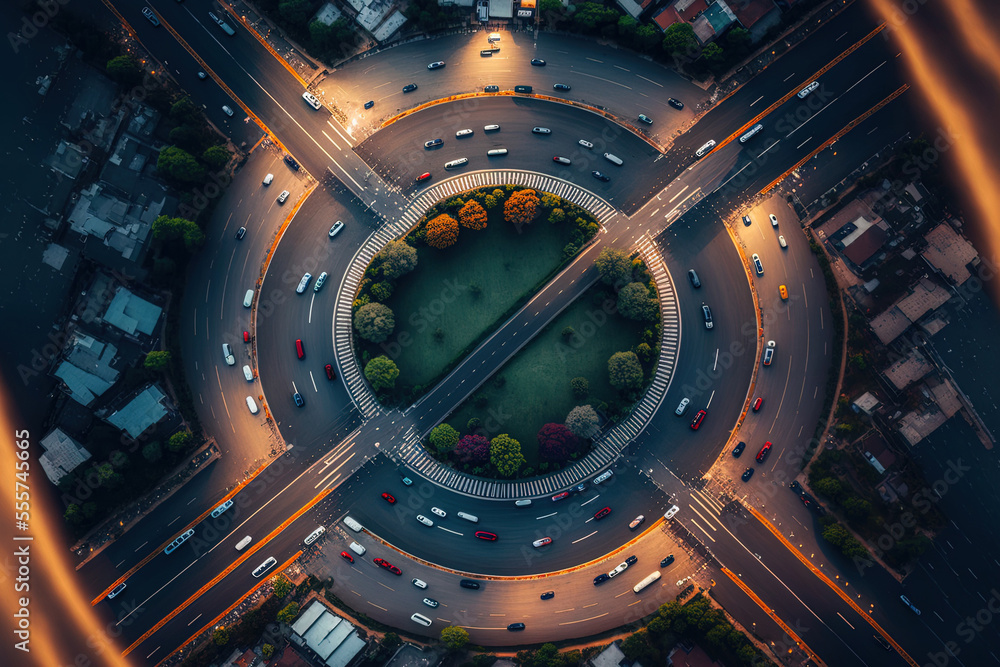 a busy street traffic circular roundabout on a major road in a ...
