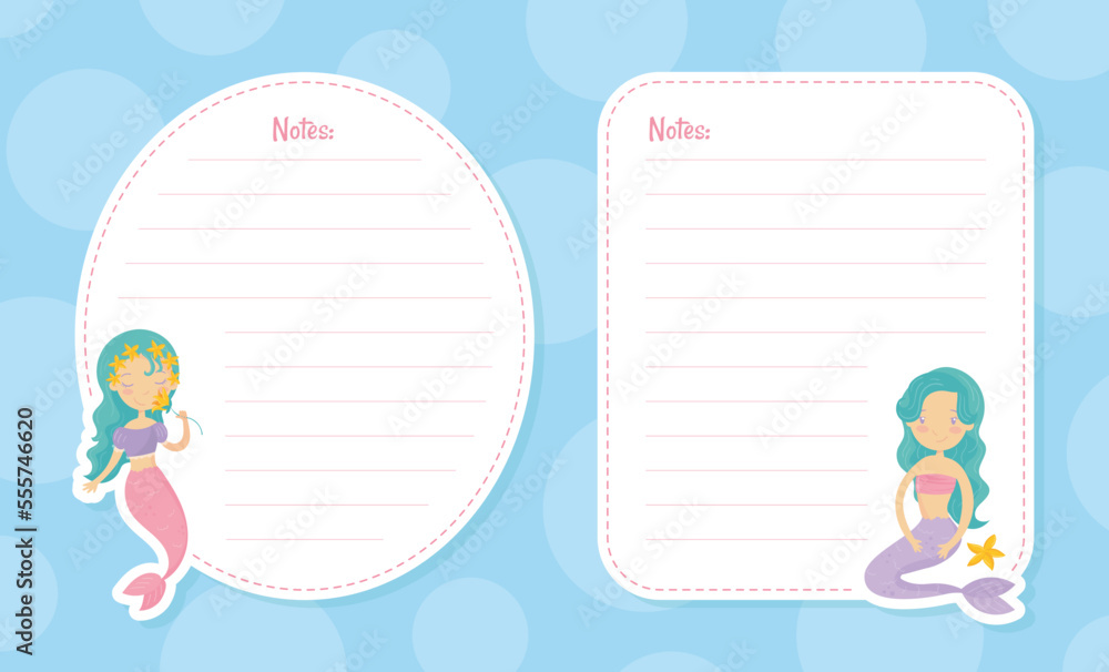 Mermaid Note Page with Cute Swimming Girl with Fish Tails Vector ...