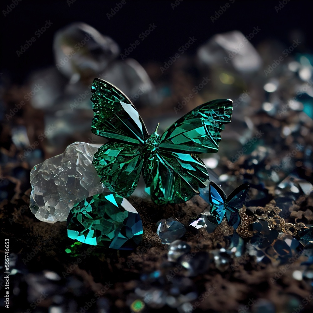 Butterfly of gemstones and crystals. Emerald or tourmaline green ...