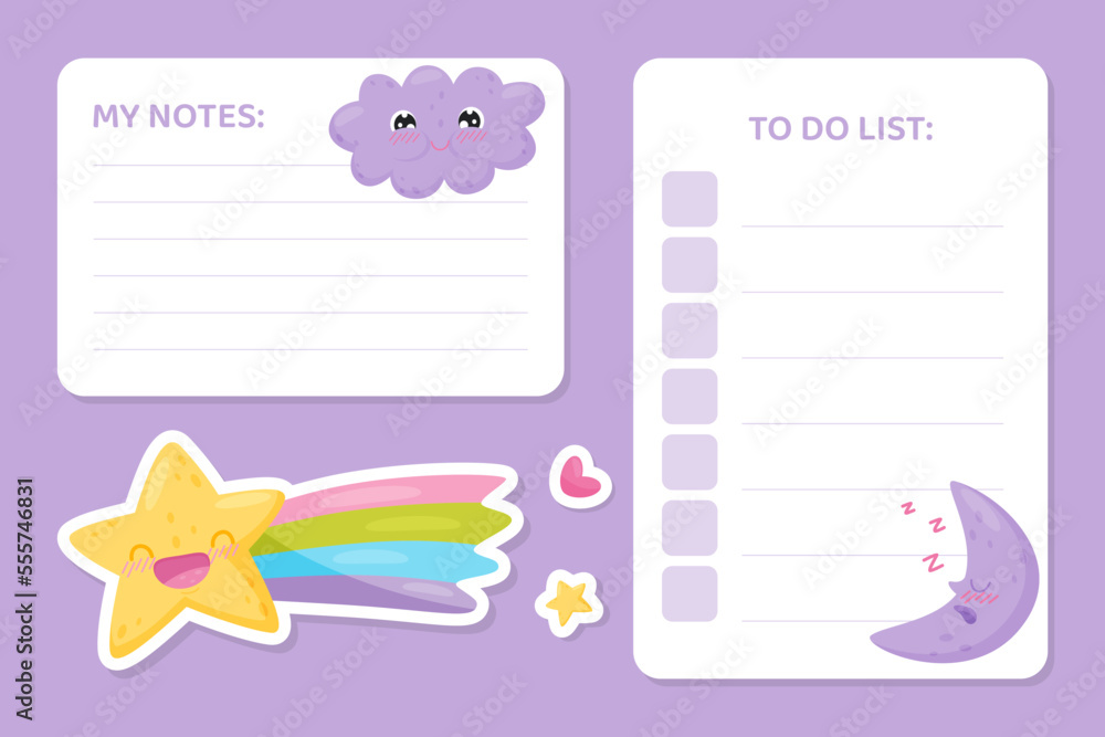 Notes and To Do List Page with Cute Cloud, Sleeping Crescent and Star ...
