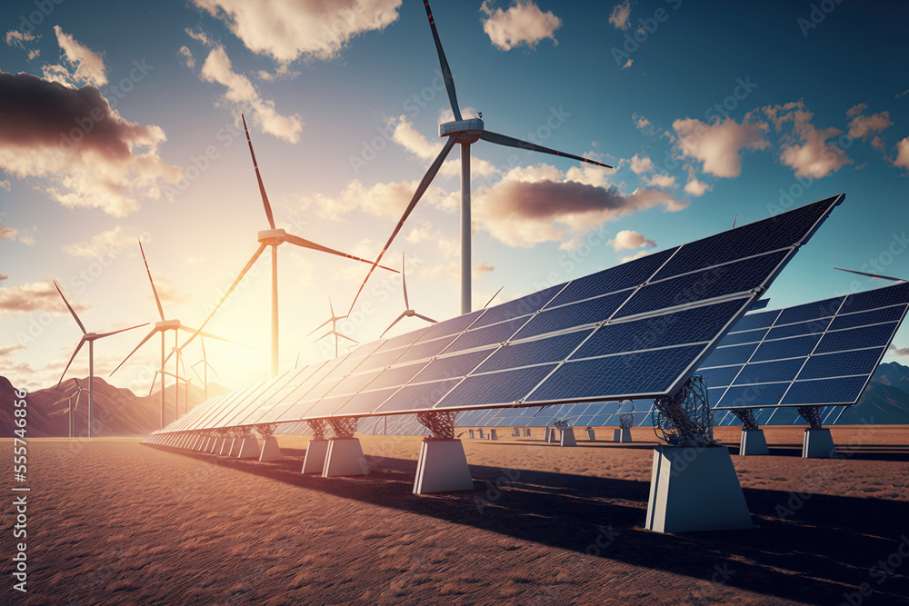 windmills and solar photovoltaic panels. power concept. Generative AI ...