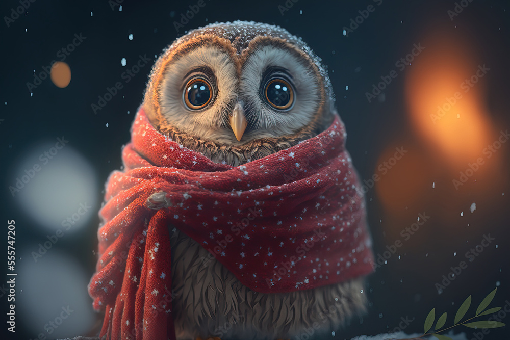 Stylized owl in a red scarf, against the backdrop of winter lights ...