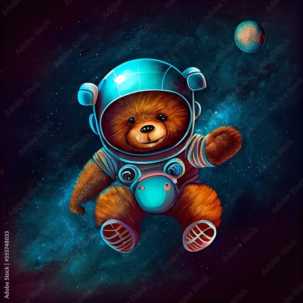 Teddy bear astronaut flying in zero gravity. The concept of space ...