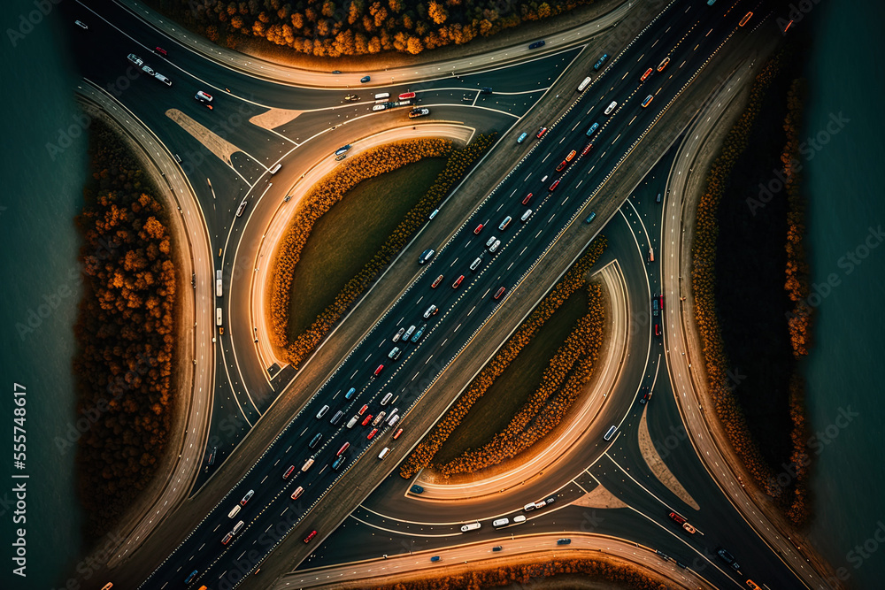 Highway traffic at a multilevel intersection on Poland's Krakow Ring ...