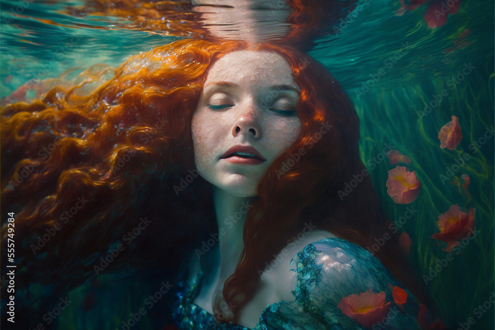 Portrait of a beautiful female mermaid with curly red hair and teal ...