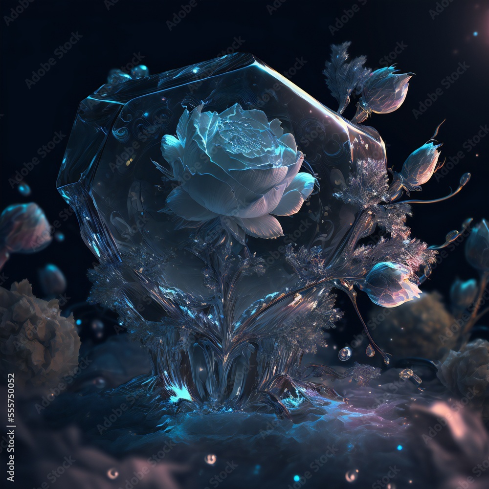 Fantasy white rose and small buds frozen in a piece of ice.Dark ...