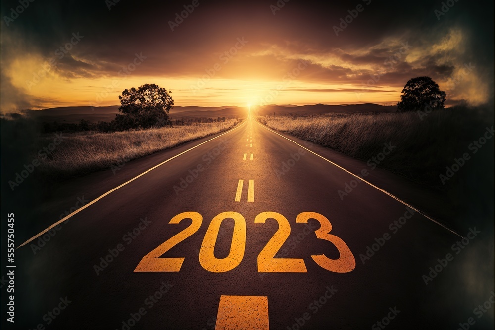 New year 2023 or start straight concept.Text 2023 written on the road ...