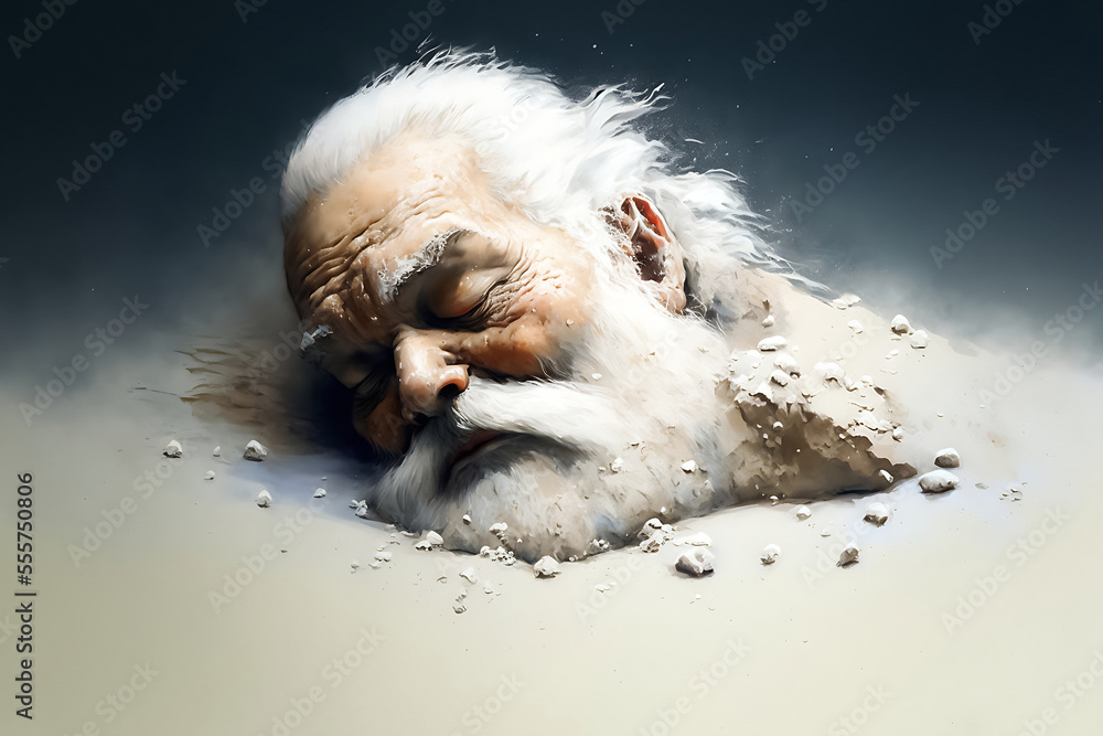 Portrait of the head of an elderly man buried up to his neck in powder ...