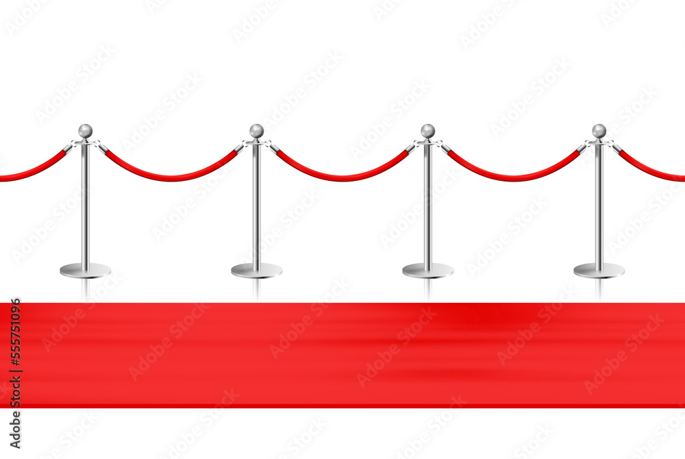 Red carpet and silvery barriers front view. Realistic isolated fence on ...