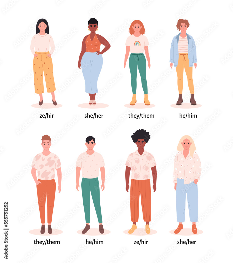 People with gender pronouns. She, he, they, non-binary. Gender-neutral ...