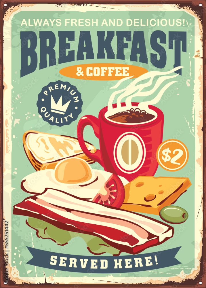 Breakfast and coffee retro menu advertisement with delicious food and ...