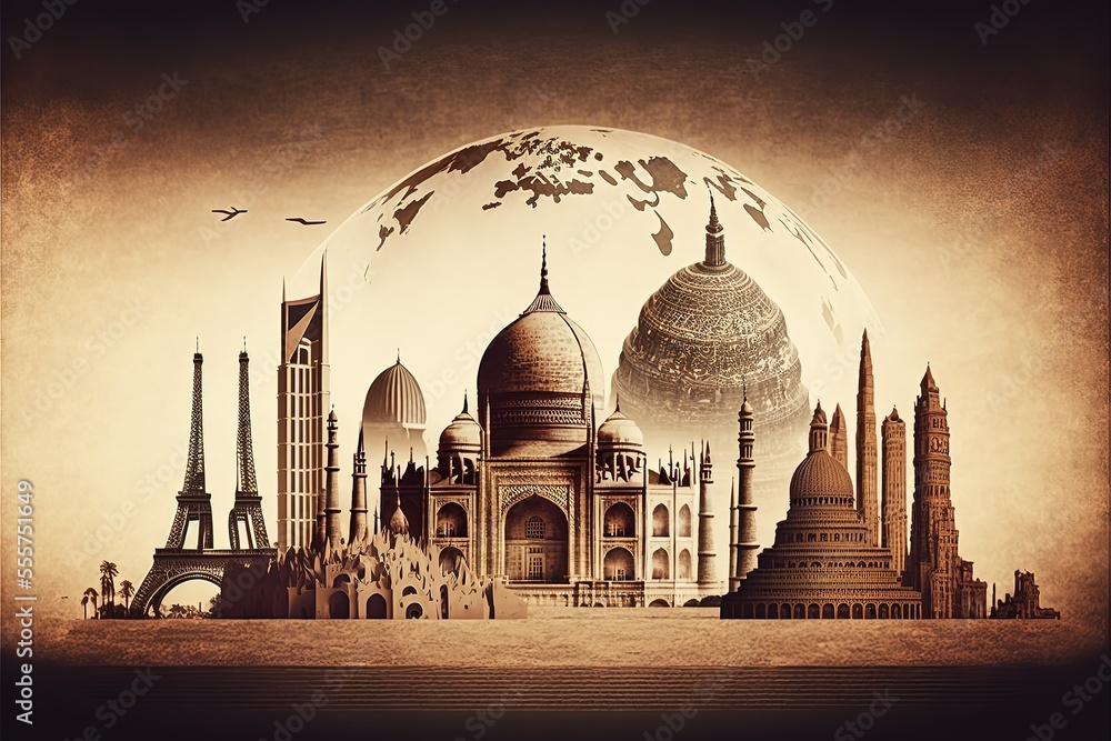 World landmarks and cities skyline photo collage on sepia textured ...