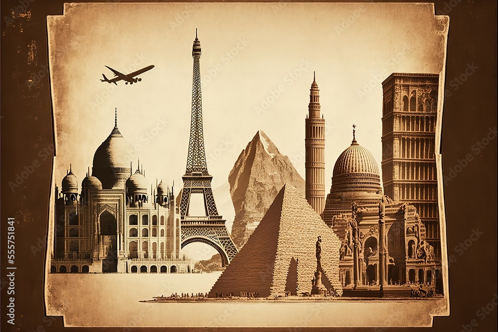 World landmarks and cities skyline photo collage on sepia textured ...