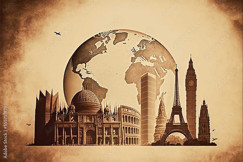 World landmarks and cities skyline photo collage on sepia textured ...