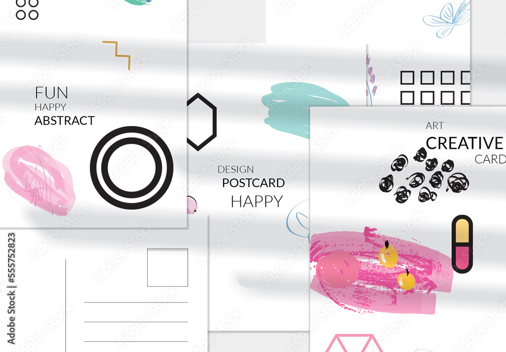 Postcard Layout with Hand Drawn Abstract Floral Doodles and Geometric ...