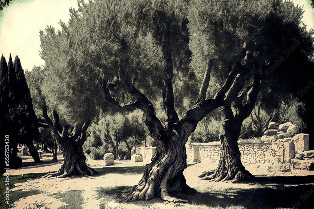 High quality picture of antique olive trees in the Garden of Gethsemane ...